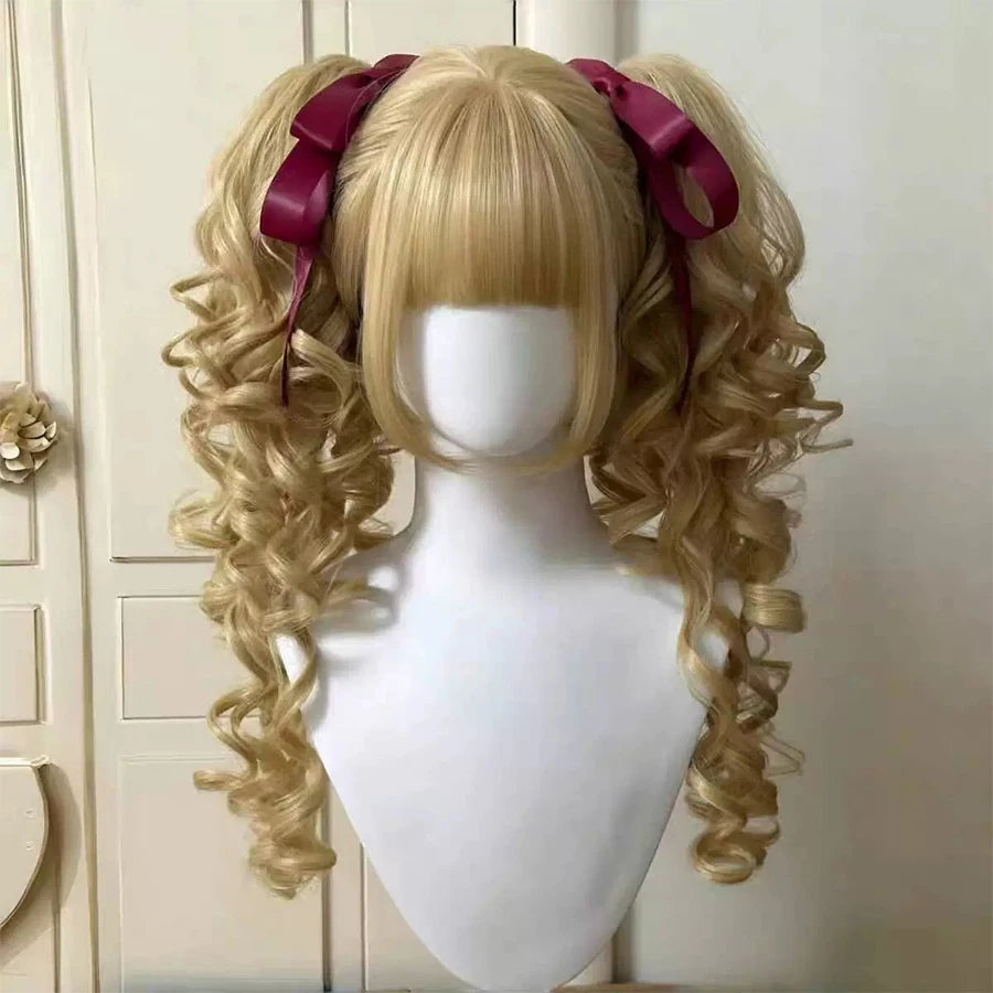 Blonde Lolita Twintails Wig with Burgundy Ribbon Bows Curly Kawaii Cos ...
