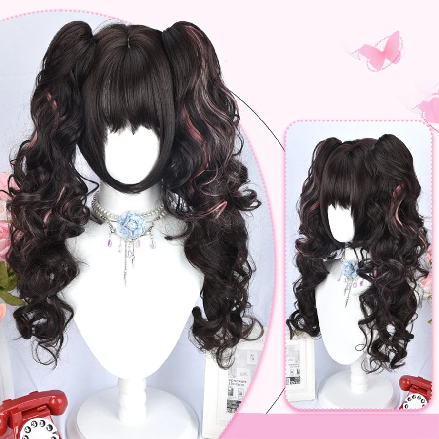 Gothic Lolita Black Curly Twin Tails Wig Pink Highlights Kawaii Style ...