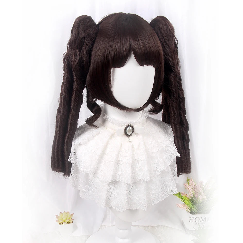 Dark Brown Twin Tails Wig with Curls Classic Lolita Hairstyle | Yume Kei